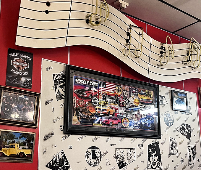 The walls tell stories of American classics &ndash; muscle cars and music notes creating the perfect backdrop for comfort food conversations.