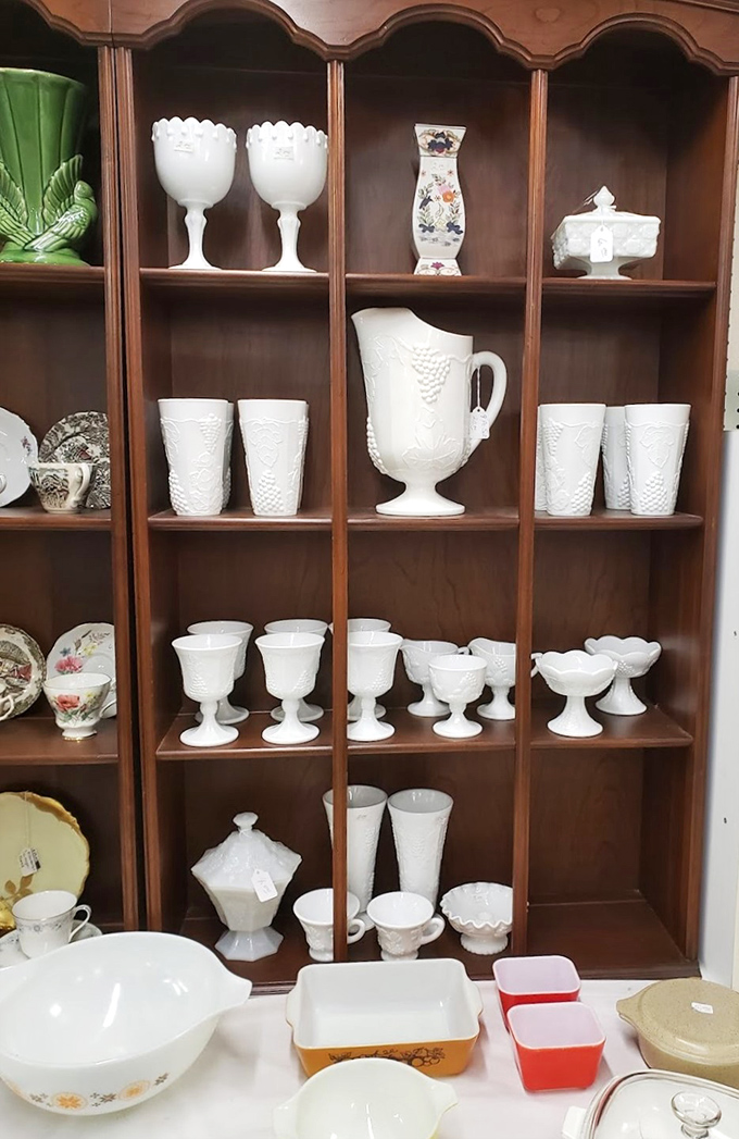 Milk glass heaven! These luminous vintage pieces once graced America's finest dining tables and now wait for a second life in your curated collection.