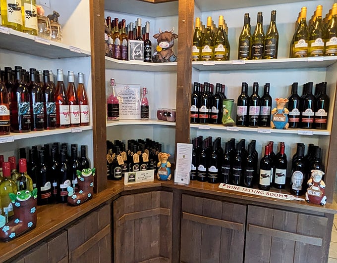 The wine shop corner—where you'll convince yourself that yes, you definitely need another bottle to remember this day. Resistance is futile.