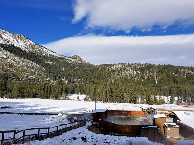 Winter blankets Markleeville in pristine snow, with hot springs offering the perfect contrast to frosty mountain air.