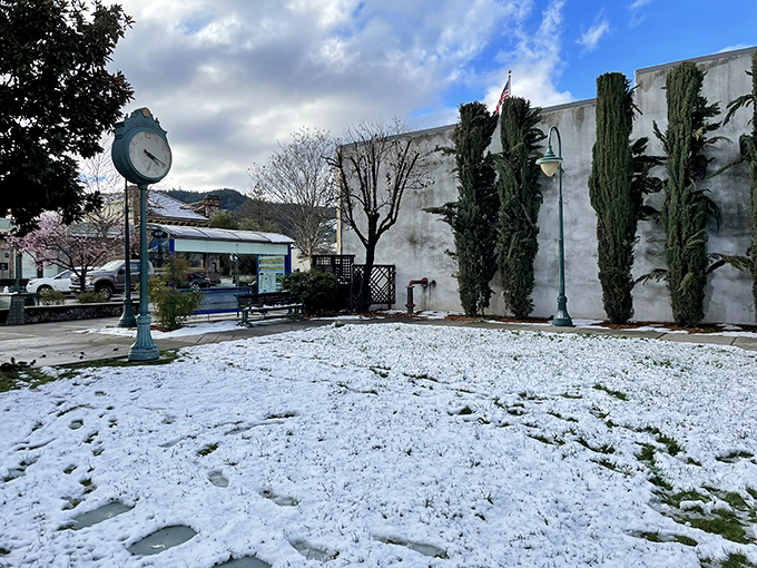 Yes, it occasionally snows in wine country. Cloverdale's rare winter dusting transforms the town square into a Norman Rockwell painting come to life.