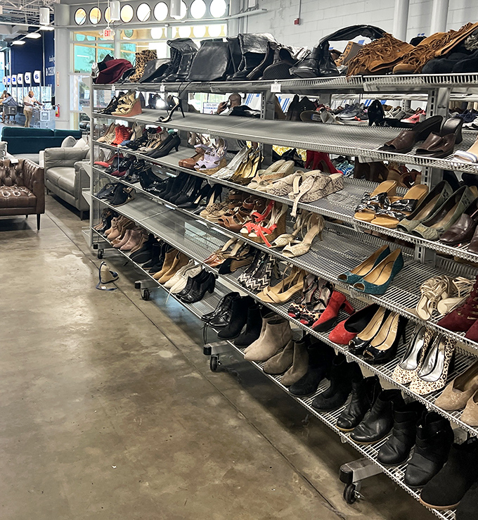 Shoe paradise where footwear fantasies come true &ndash; boots, heels, and flats arranged like a department store without the department store prices.