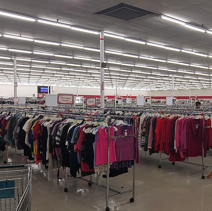 Color-coded clothing racks create a shopper's paradise where organization meets affordability in a retail tango.