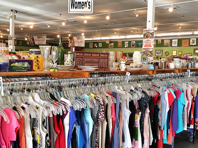 The women's section offers a rainbow of possibilities. Fashion comes full circle here, where yesterday's trends become tomorrow's vintage statements.