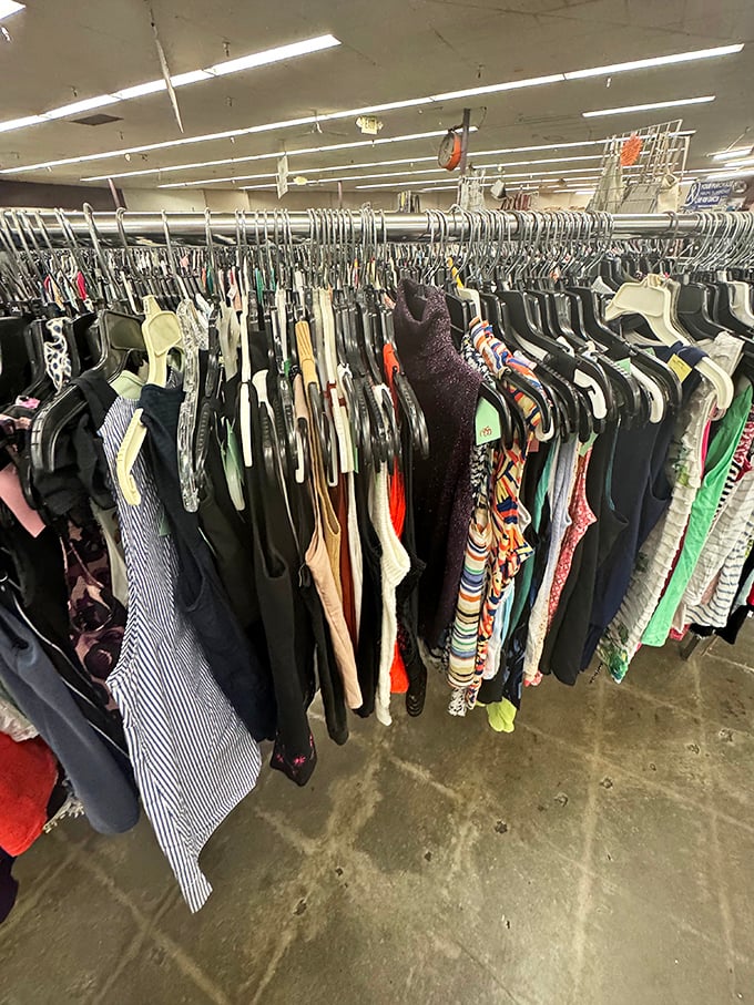 The women's clothing section &ndash; where vintage meets variety in a rainbow of fabrics. That dress on the end might have danced at Studio 54 or your next dinner party.