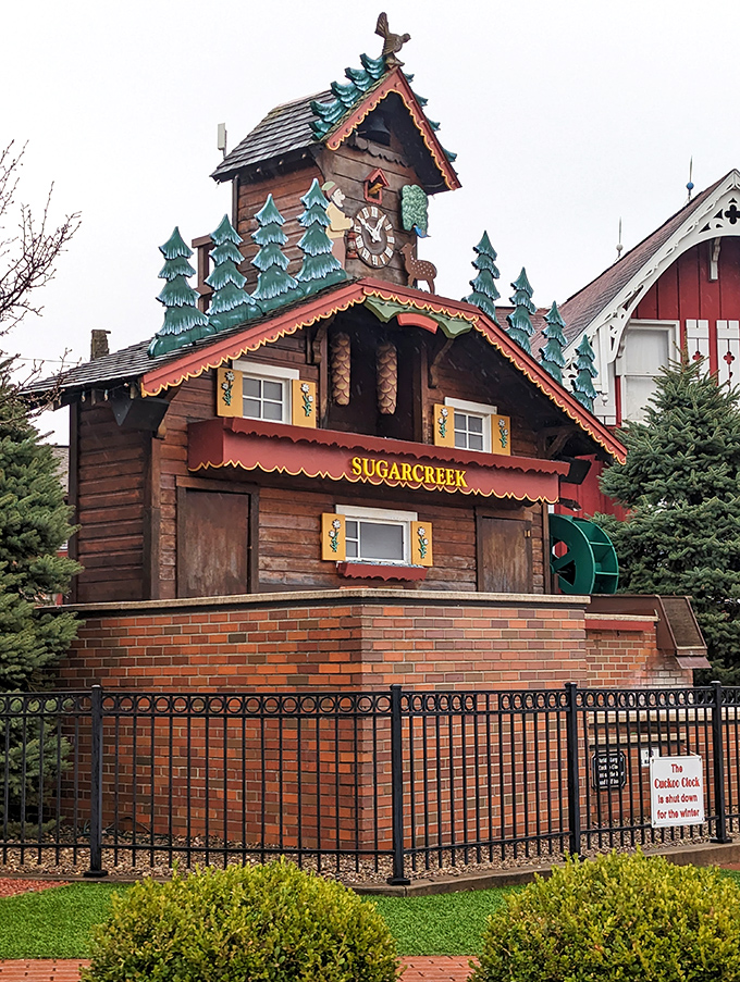 The world's largest cuckoo clock stands as a whimsical landmark, much like the town's oversized portions.