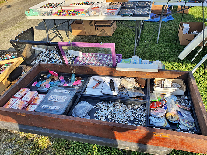 Organized chaos of crafting supplies&mdash;where buttons, beads, and baubles await rescue by someone with a Pinterest board and a dream.