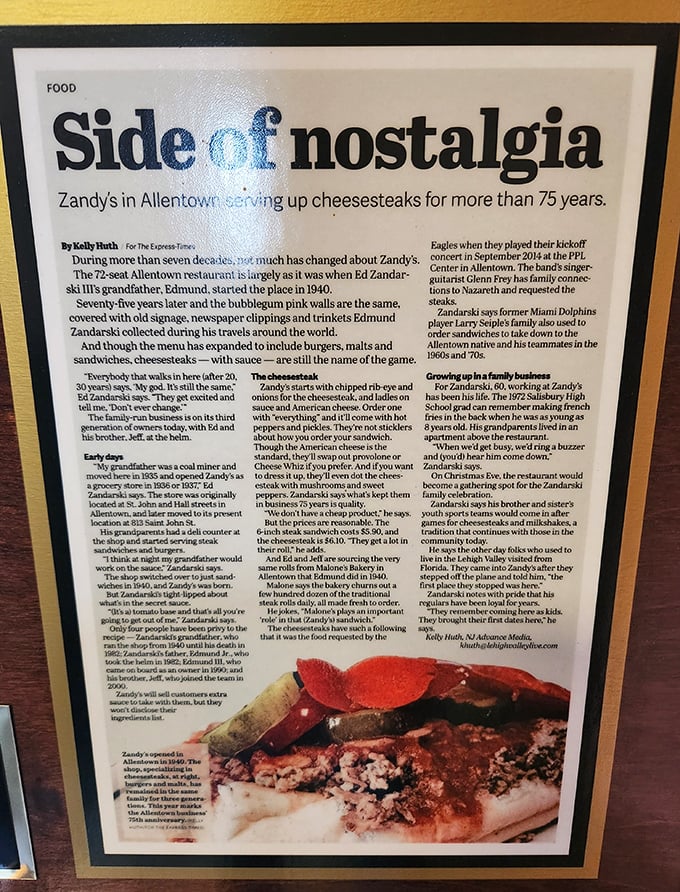 "Side of nostalgia" &ndash; the newspaper article tells the story of Zandy's 75+ year legacy. Some restaurants serve food; the special ones serve history.