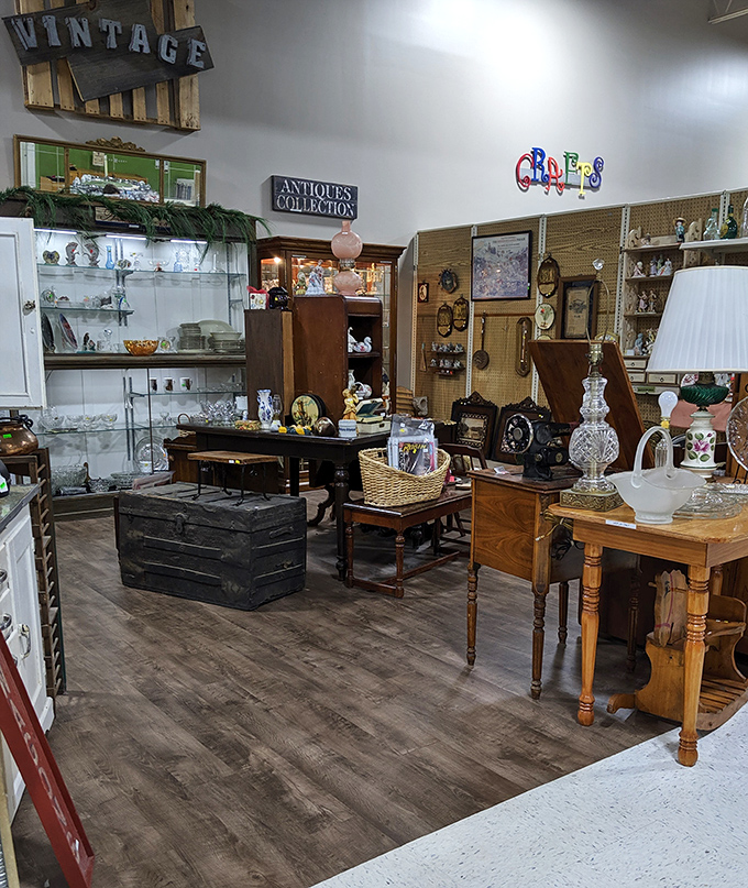 Vintage treasures clustered like a time capsule explosion &ndash; that crystal lamp has witnessed decades of late-night reading and family gatherings.