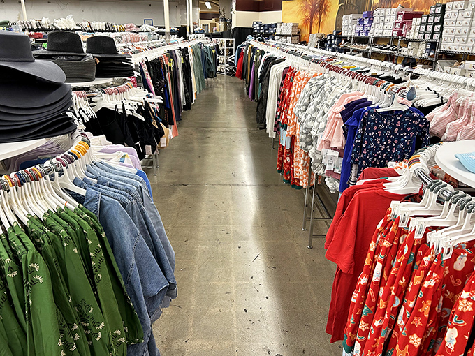 Clothing racks bursting with colorful options from casual tees to surprisingly sophisticated pieces. Fashion emergency solutions that won't trigger financial emergencies of their own.