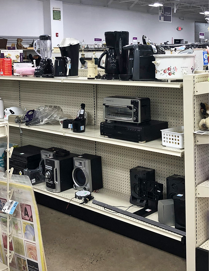 Coffee makers, toasters, and sound systems line these shelves&mdash;all tested and working, ready to outfit your kitchen or dorm room without breaking the bank.