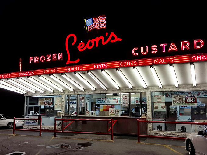 After dark, Leon's neon glow becomes a beacon for Milwaukee's most devoted dessert pilgrims.
