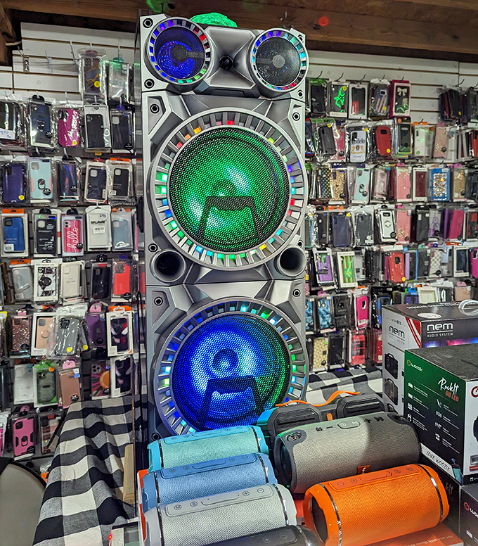 Modern meets vintage in the electronics section. Those illuminated speakers announce "yes, we have absolutely everything" in the universal language of bass.