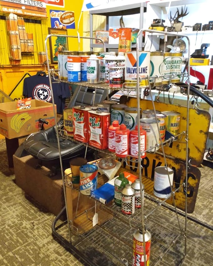Vintage oil cans and automotive products that kept America moving. Before synthetic everything, these colorful tins lined garage shelves nationwide.