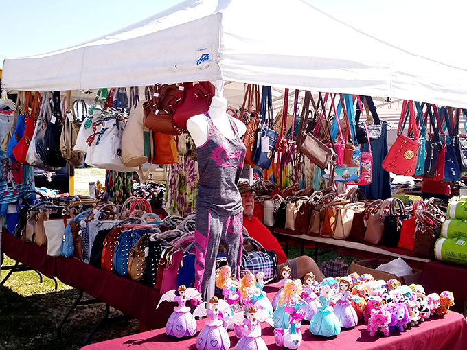 A riot of color and childhood memories for sale. Princess figurines stand guard over an empire of handbags and plush toys.