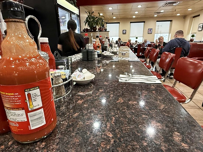 The counter—where solo diners find community, regulars have "their spot," and the coffee flows with the conversation in a choreographed rhythm.