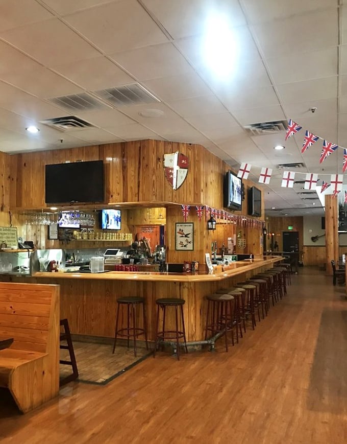 Union Jack bunting above the bar&mdash;a gentle reminder that you're about to make some very British decisions about your beverage.