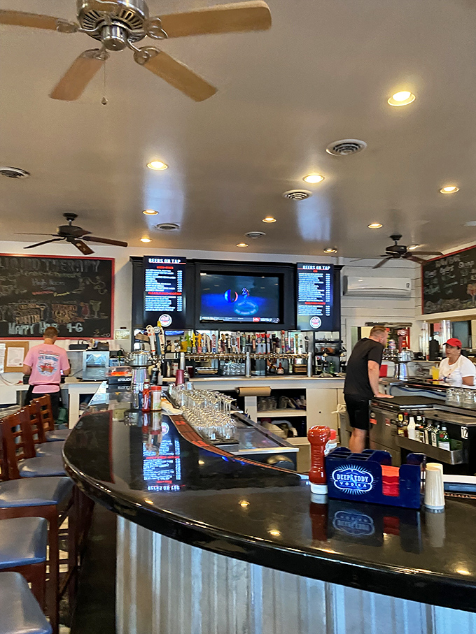 The bar area beckons those who believe seafood tastes better with a cold one in hand.