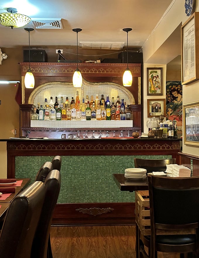 The bar area beckons with the promise of interesting beverages to complement your Persian feast.