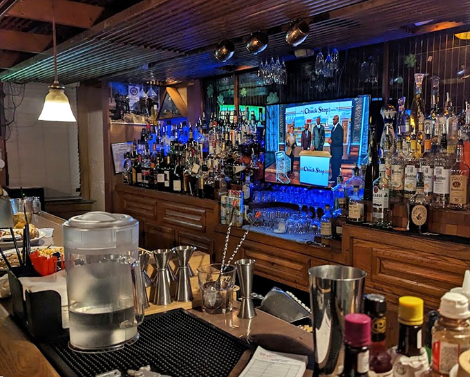 A bar stocked better than most people's retirement portfolios, ready to pour whatever might ease your day's troubles away.