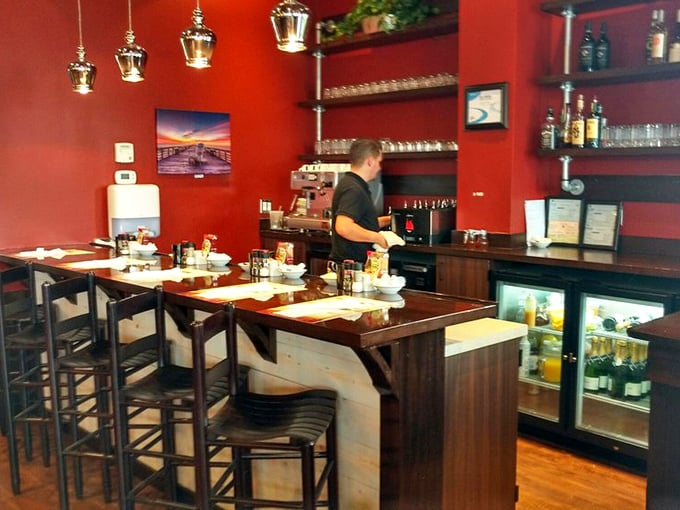 The bar area's rich wood and warm lighting create the perfect backdrop for morning mimosas. Breakfast with a splash of sophistication.