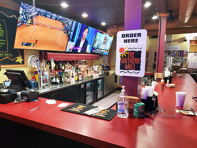 The bar area where morning coffee transforms into evening cocktails without missing a beat.
