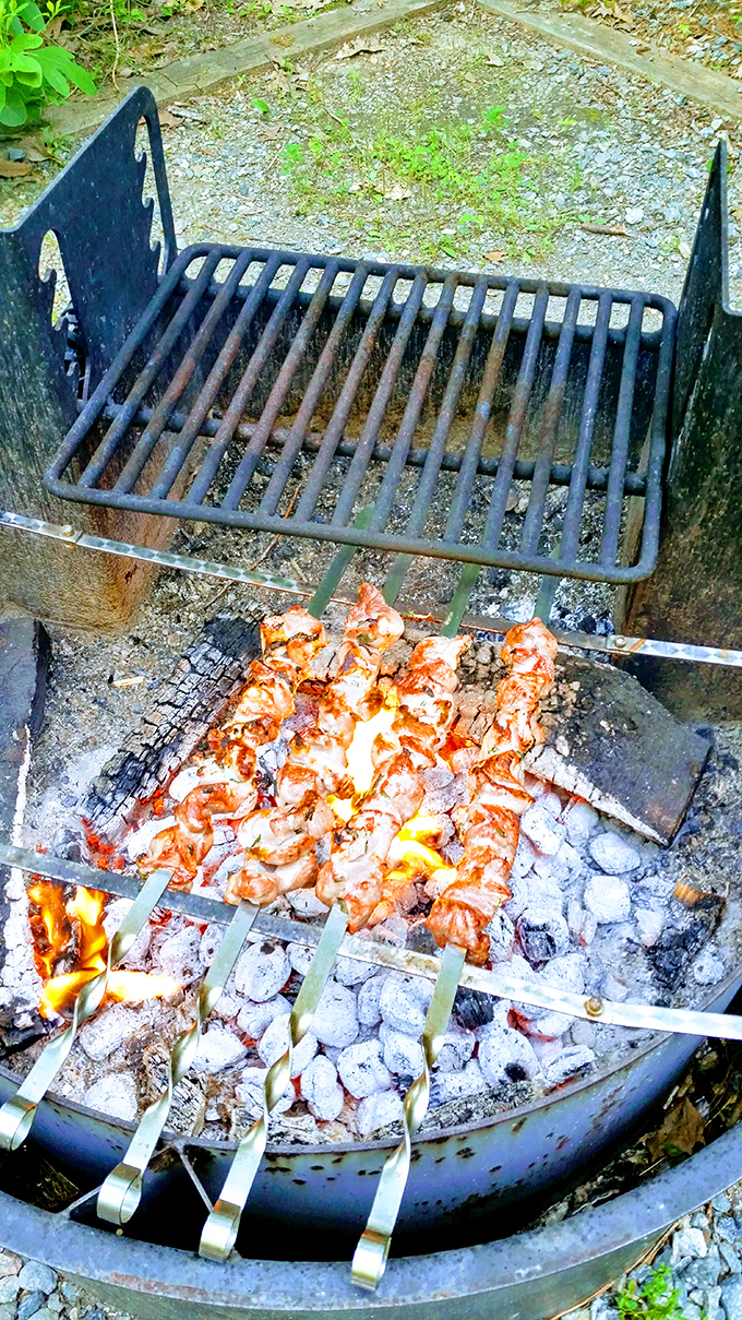 Skewered delights sizzle over glowing coals, proving that food cooked outdoors automatically earns at least two extra flavor stars.