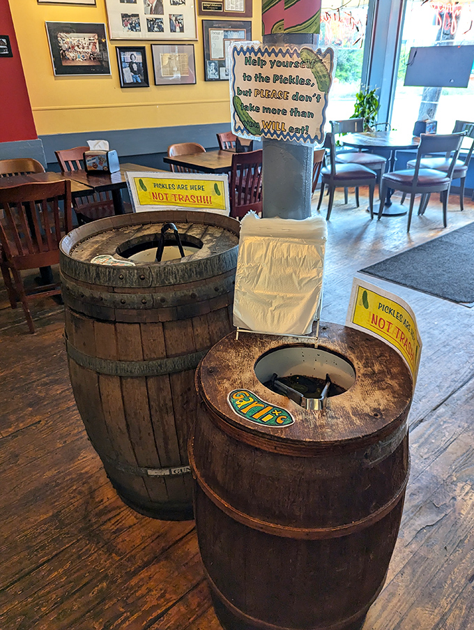 The legendary pickle barrels&mdash;help yourself, but as the sign wisely warns, restraint is appreciated. These aren't your average cucumber transformations.