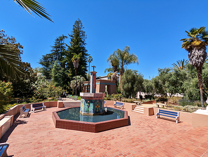 Sun-drenched courtyards with comfortable benches invite visitors to pause and soak in the peaceful atmosphere. Ancient wisdom meets modern relaxation techniques.