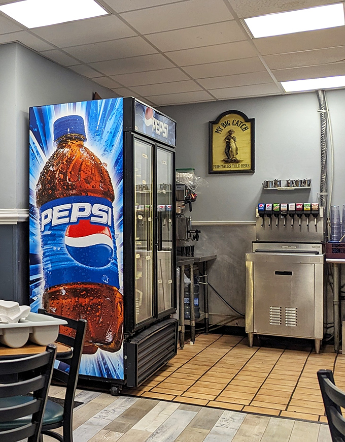 Even the beverage station has that no-nonsense charm &ndash; because sometimes you just want a cold soda without a lecture on artisanal brewing methods.