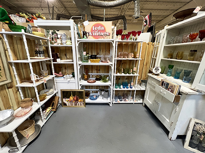 Leda Vintage booth showcases carefully curated glassware in jewel tones. That turquoise vase? The perfect home for your farmers' market sunflowers.