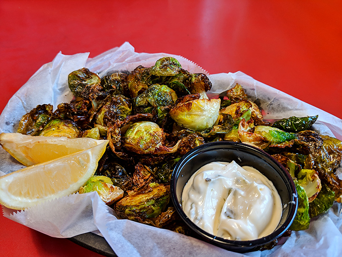 Brussels sprouts so perfectly caramelized they could convert even the most stubborn childhood vegetable-haters. That dipping sauce seals the deal.