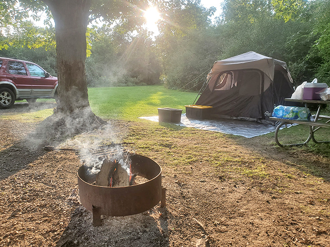 Morning campsite magic: that moment when coffee steam meets campfire smoke and you realize hotels have never smelled this good.