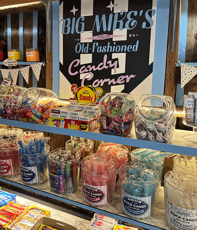 Old-fashioned candy corner that transports you back to simpler times, when dessert came in jars and nostalgia was always on the menu.
