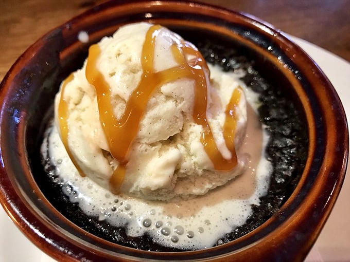 A dessert that understands the importance of hot-cold contrast. That caramel drizzle is performing culinary poetry on your taste buds.