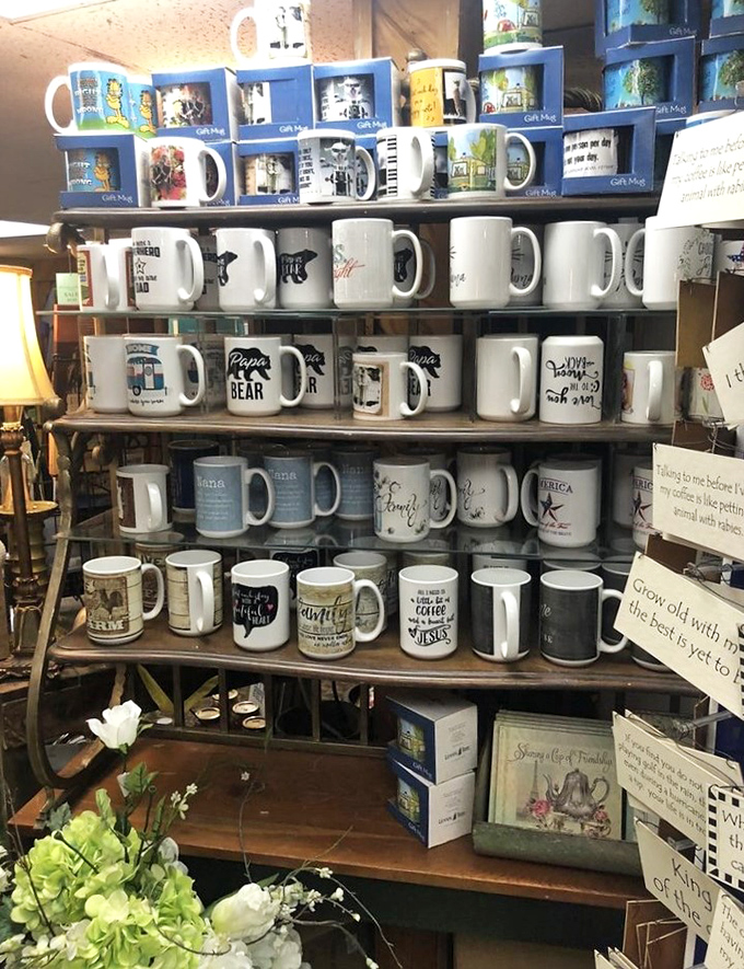 The gift shop's mug collection &ndash; because sometimes you need to take a piece of that Farmhouse feeling home with you. Coffee tastes better with memories.