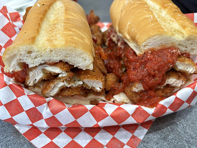 A chicken parm sandwich that could make an Italian grandmother nod in approval. Crispy, saucy, cheesy perfection nestled in a crusty roll.
