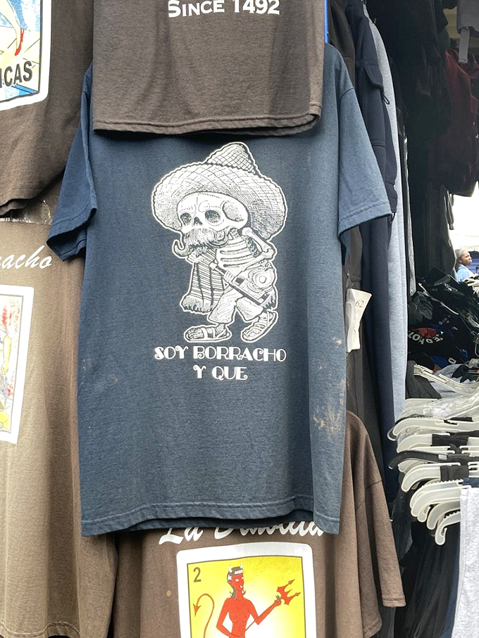 That skeleton shirt speaks the universal language of humor. At swap meets, even the t-shirts tell stories!