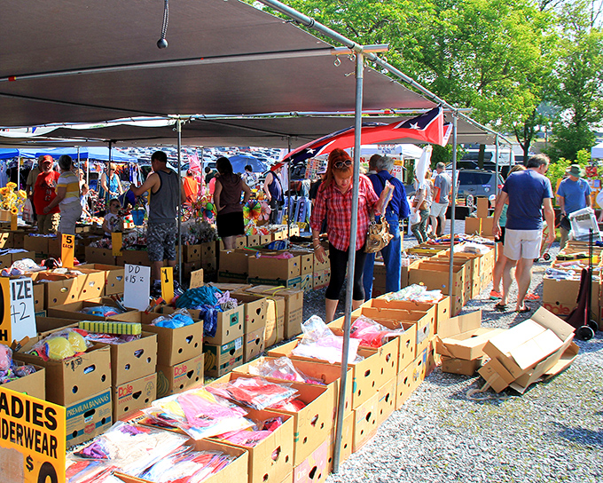 Bargain hunter's paradise in full swing. These boxes of clothing treasures prove that patience and persistence are the true currencies of flea market shopping.