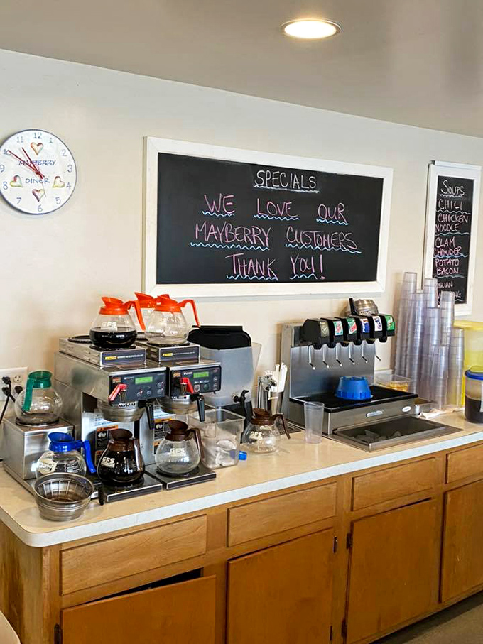 A chalkboard that says "WE LOVE OUR MAYBERRY CUSTOMERS" &ndash; the kind of sincere sentiment that's increasingly rare in our digital age. 