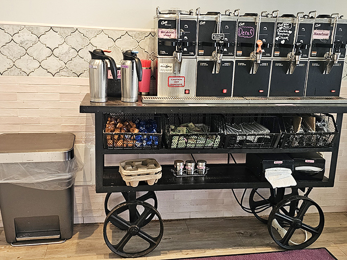 The coffee station stands ready to fuel your bakery adventure with perfectly brewed accompaniments to all those sweet temptations.
