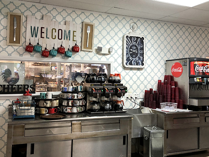The coffee station: ground zero for the day's most important beverage operations.