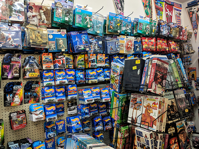Toy collector paradise where mint-condition Hot Wheels and Star Wars figures wait to fulfill childhood dreams&mdash;at adult prices.