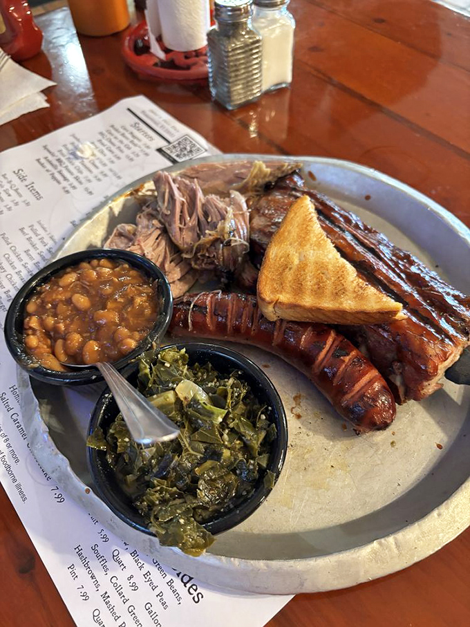 A BBQ combo platter that answers life's most important question: "Why choose one meat when you can have them all?"