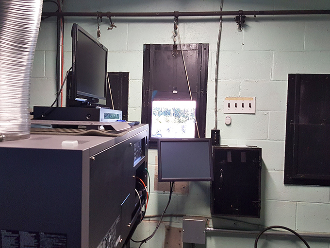 The projection booth, where one person controls the magic for hundreds of happy moviegoers.