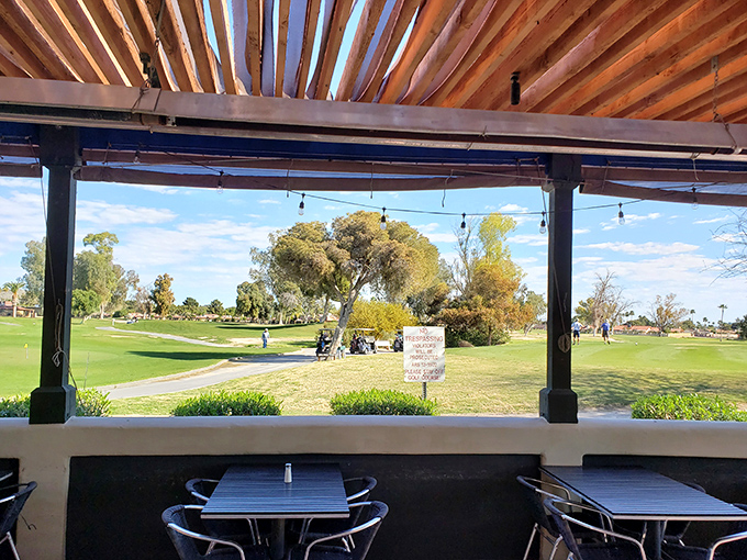 Covered patio dining with golf course views &ndash; because great food tastes even better outdoors. 