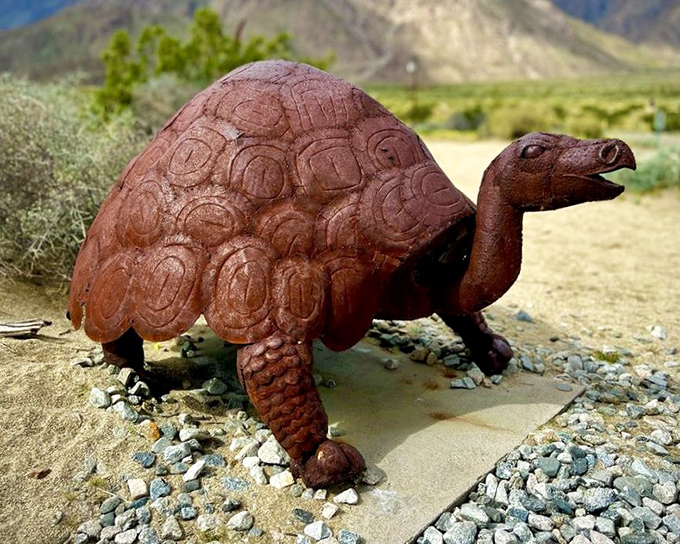 The desert tortoise, nature's ultimate survivor, immortalized in metal as it continues its unhurried journey across the sands of time.