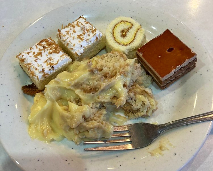 The dessert plate whispers sweet nothings to your willpower. After three trips to the buffet, somehow there's always room for cake.