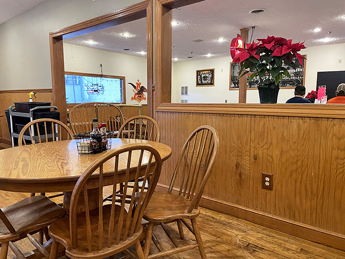 Wooden tables, Windsor chairs, and holiday decorations create that "come as you are" dining room where comfort food meets comfortable surroundings.