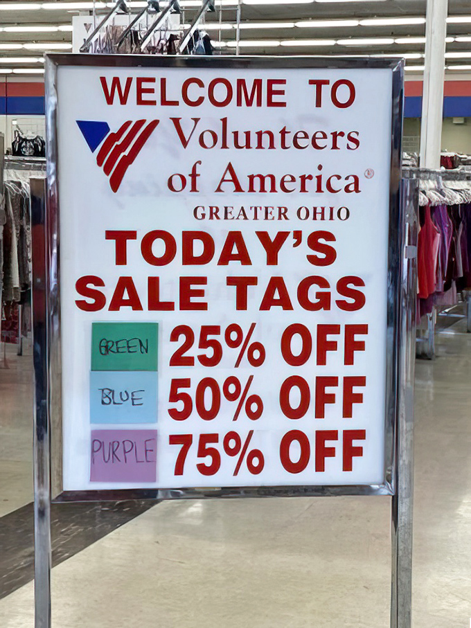 The colored tag system: thrift store algebra where green plus purple equals the sweetest discount dance your wallet has ever known.